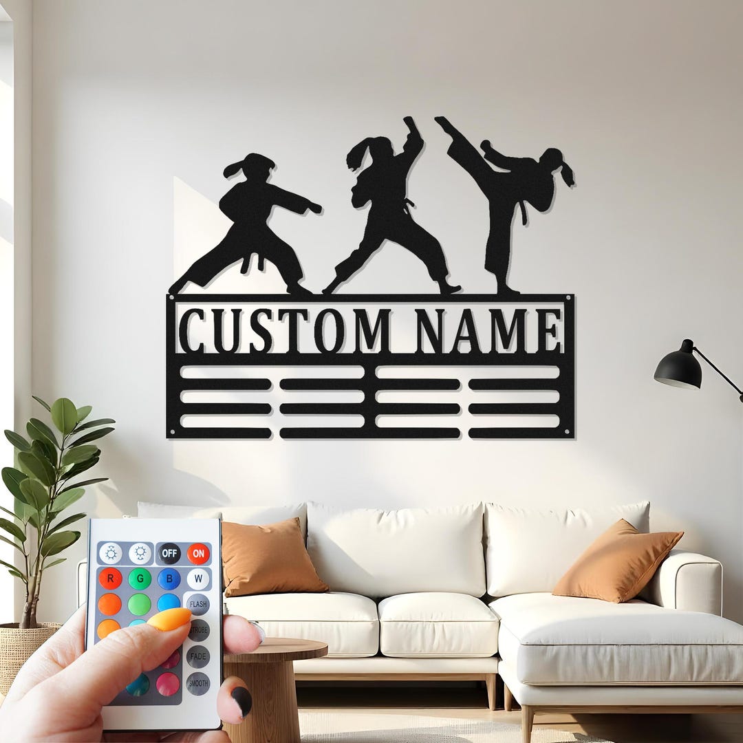 Custom Karate Metal Wall Art With Led Light , Martial Arts Medal Holder ...