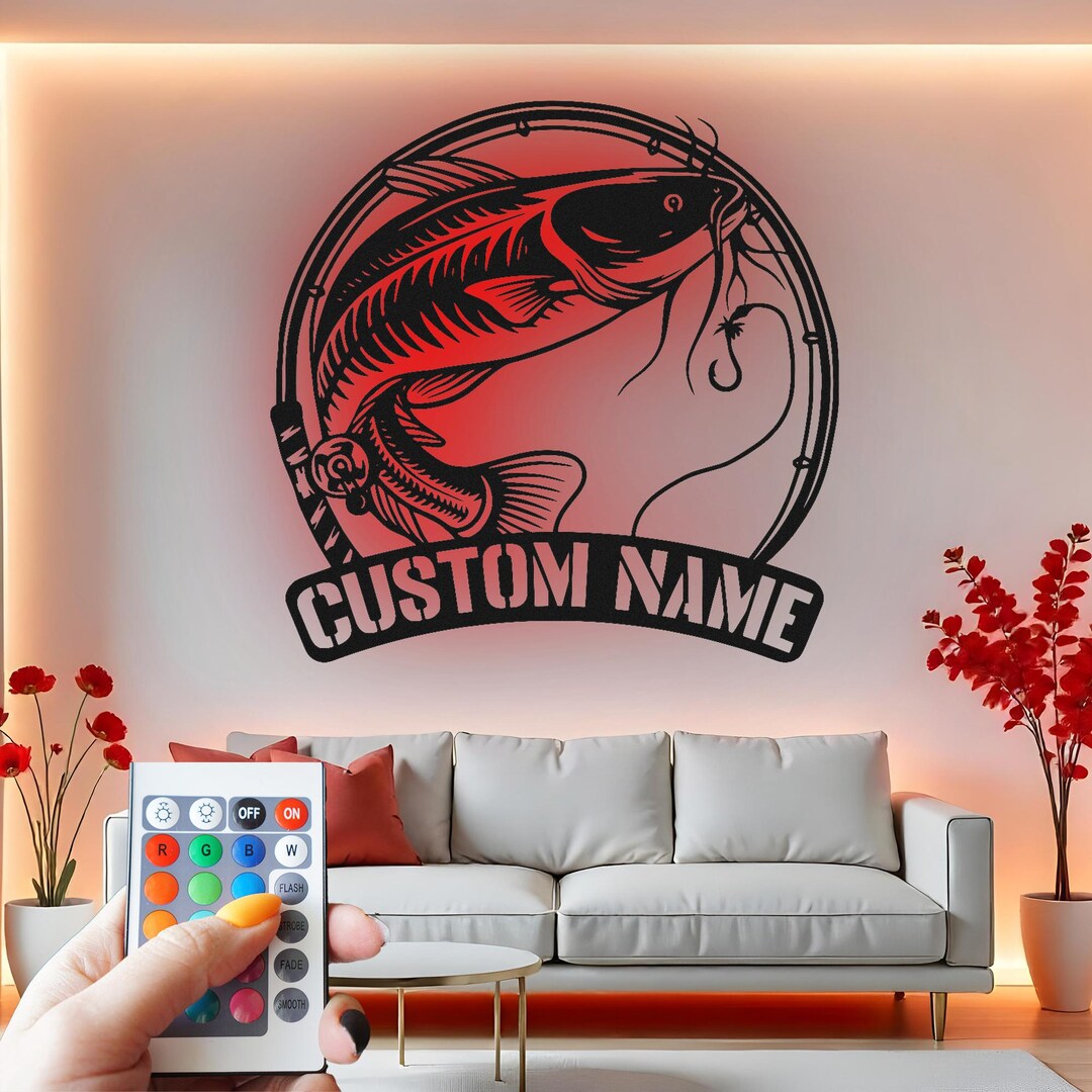 Custom Catfish Metal Wall Art: LED Fishing Decor, Personalized Angler ...