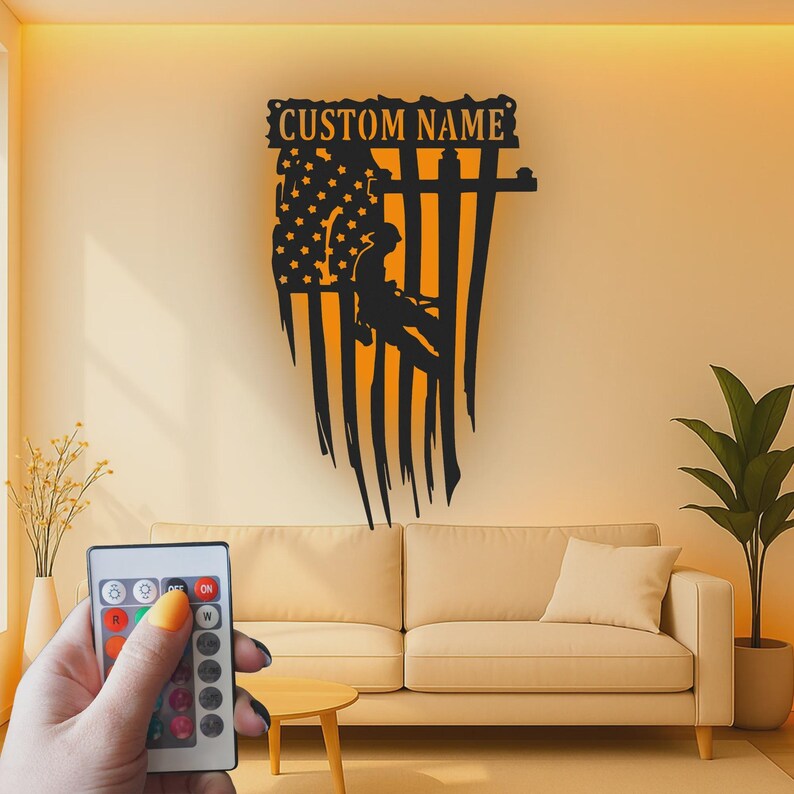 Custom Lineman Metal Flag Sign | LED American Flag Wall Art, Patriotic ...