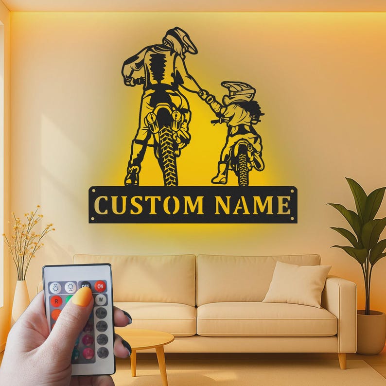 Custom Motocross Father Child Metal Wall Art With LED Lights ...