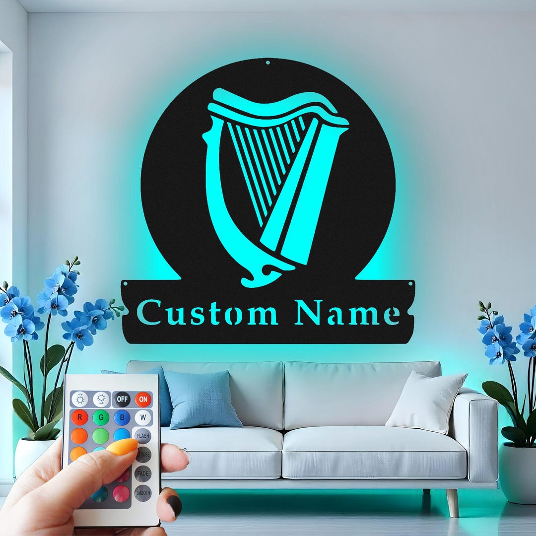Custom Harp Metal Wall Art With Led Light , Personalized Irish Music ...