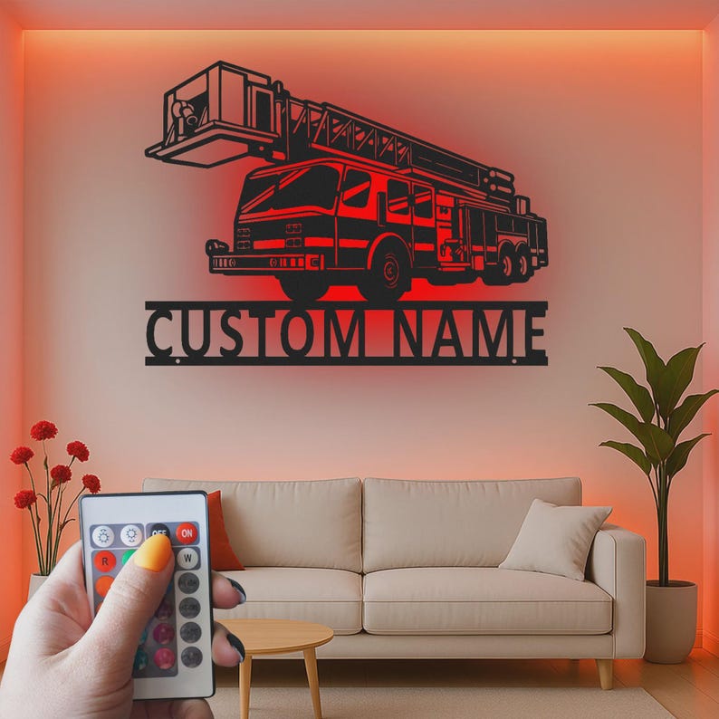 Custom Fire Truck LED Metal Sign | Personalized Firefighter Wall Art ...