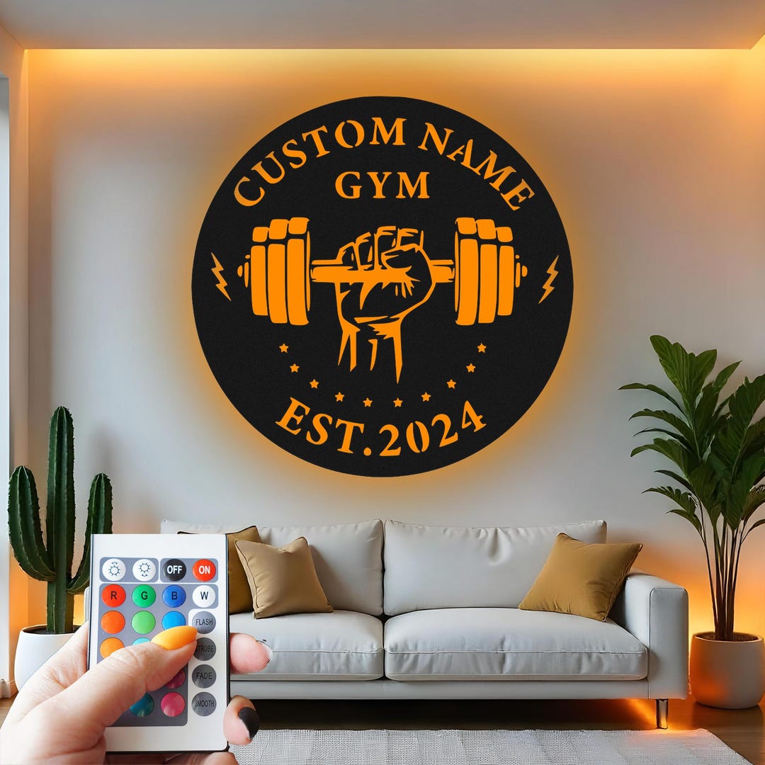 Custom Gym Metal Wall Art With Led Light , Personalized Weightlifting ...