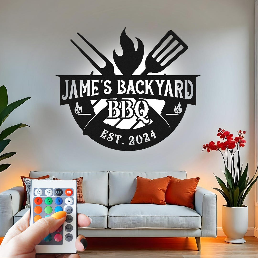 Custom BBQ Grill Led Light Metal Wall Art, Personalized Backyard ...