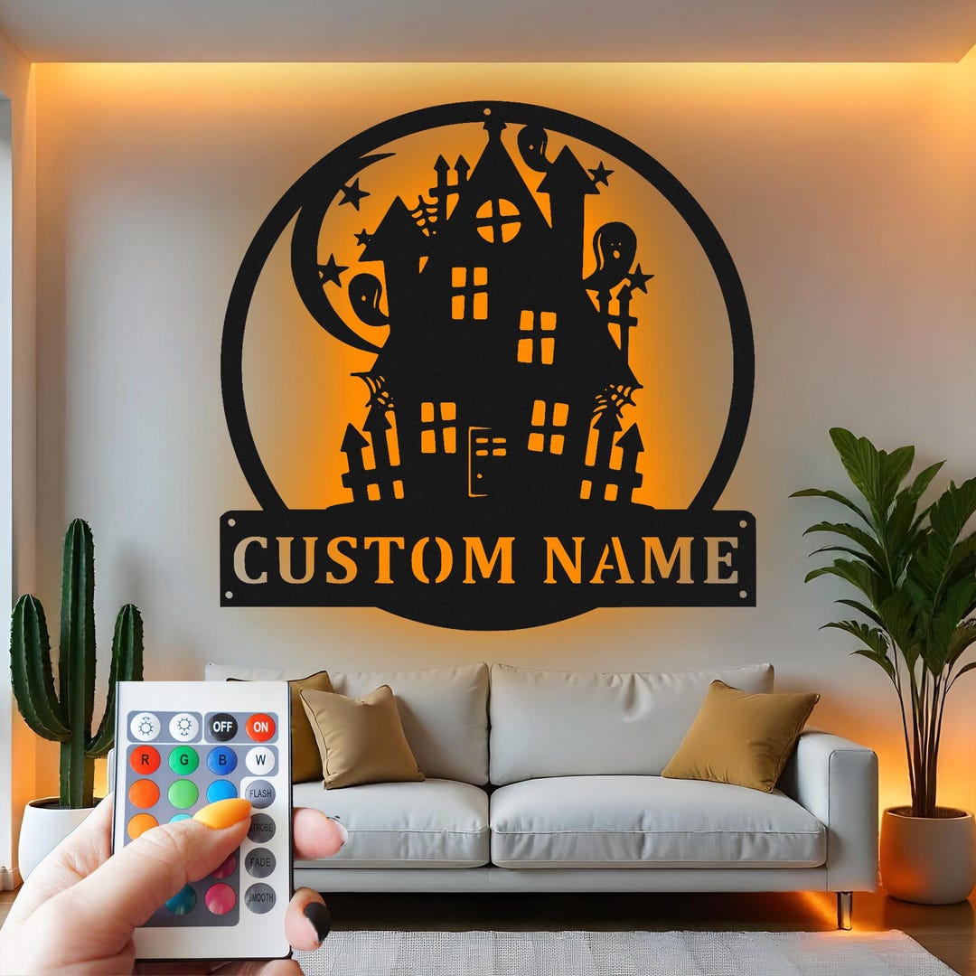 Custom Haunted House Metal Wall Art With Led Light , Spooky Halloween ...