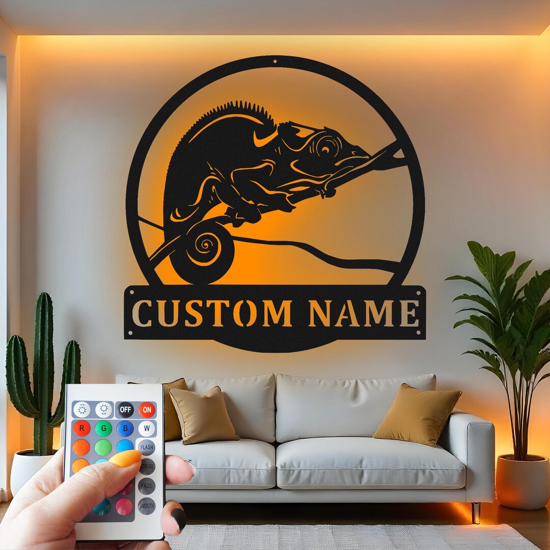 Custom Chameleon Metal Wall Art With Led Light , Personalized Reptile ...