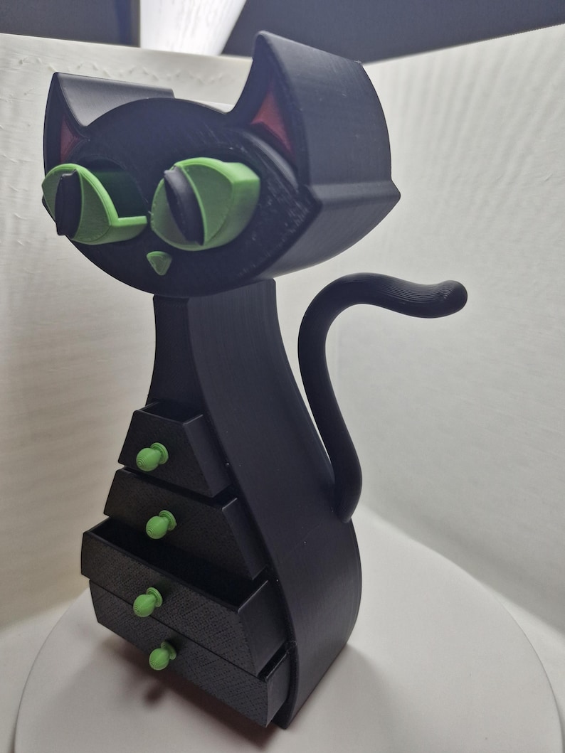 3D Printed Black Cat Jewelry Box With Drawers - Mid Century Modern ...