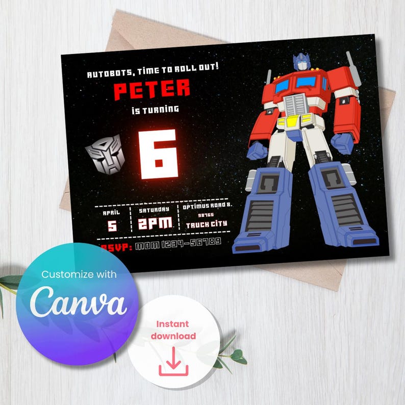 Editable Optimus Prime (transformers) Birthday Invitation I ...