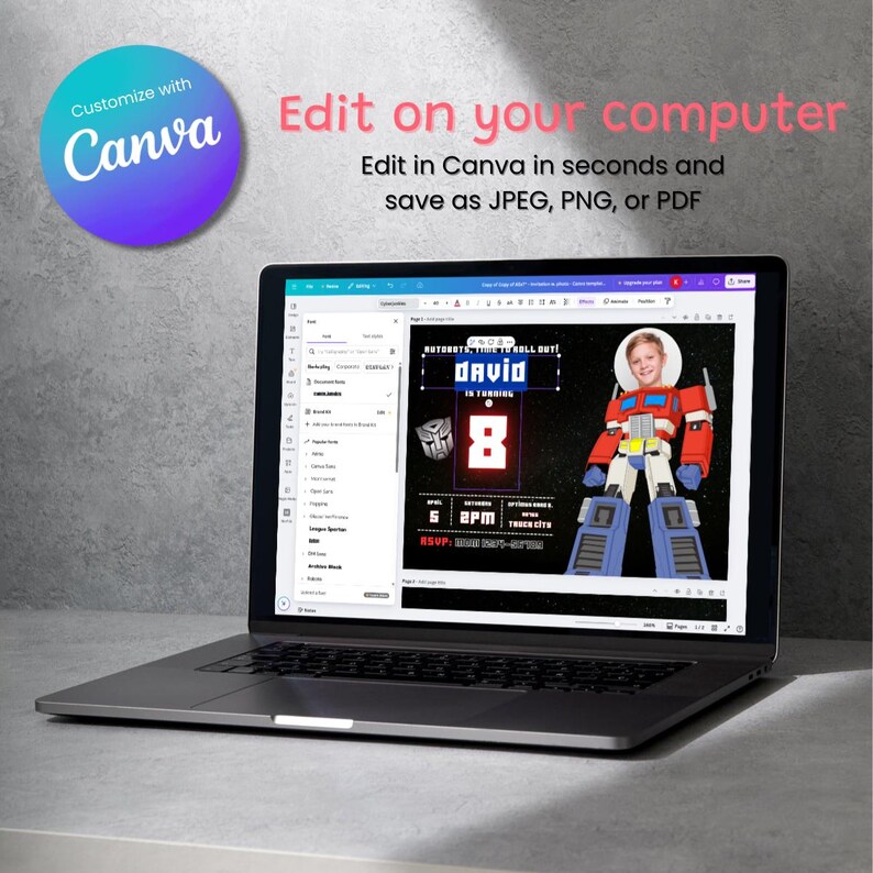 Editable Optimus Prime (transformers) Birthday Invitation With Photo I Personalized Transformers ...