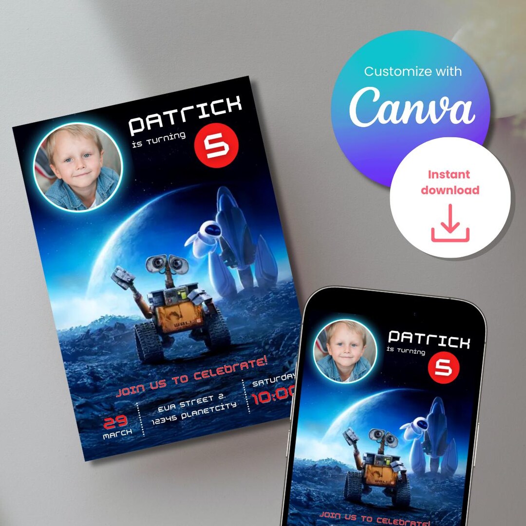 Wall-e Birthday Invitation With Photo: Pixar Theme (canva Editable) - Etsy