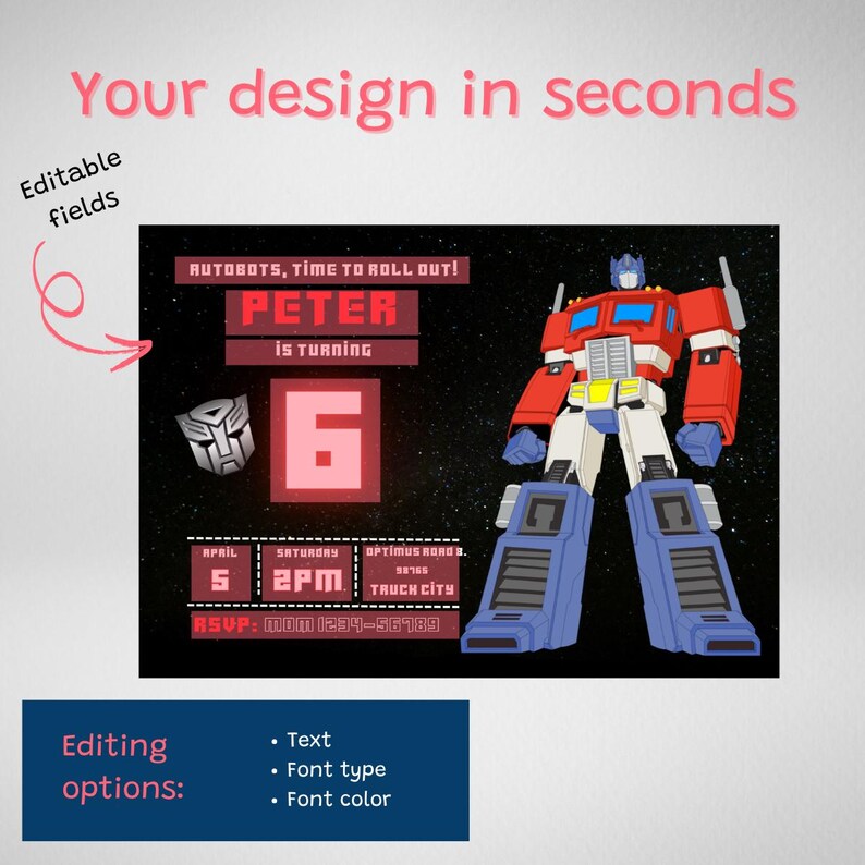 Editable Optimus Prime (transformers) Birthday Invitation I ...