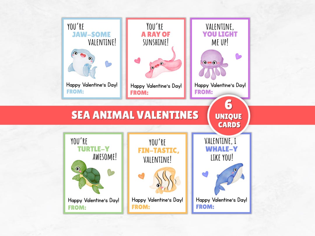 Printable Sea Animal Valentines Cards, Kids Class Valentine Cards ...