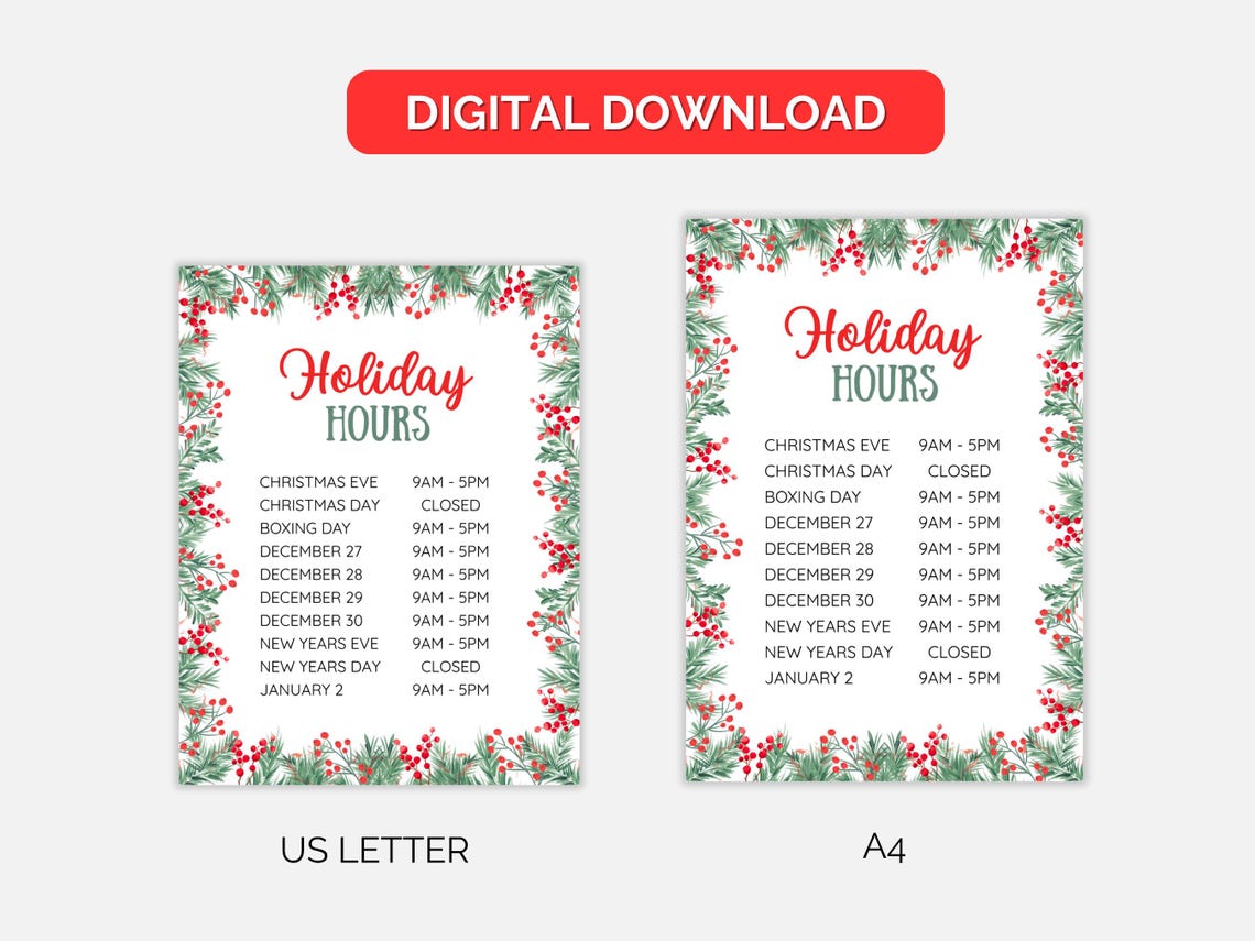 Editable Holidays Hours Sign, Christmas Hours, Closed for Holidays ...