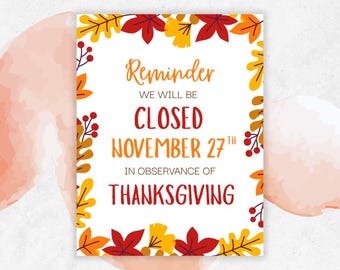 Closed for Thanksgiving Day Printable Sign, Closed Thanksgiving Day ...