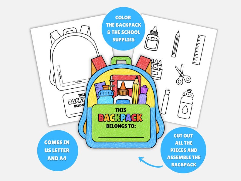 Backpack Coloring Craft, Cut and Paste Craft, Back to School Coloring ...