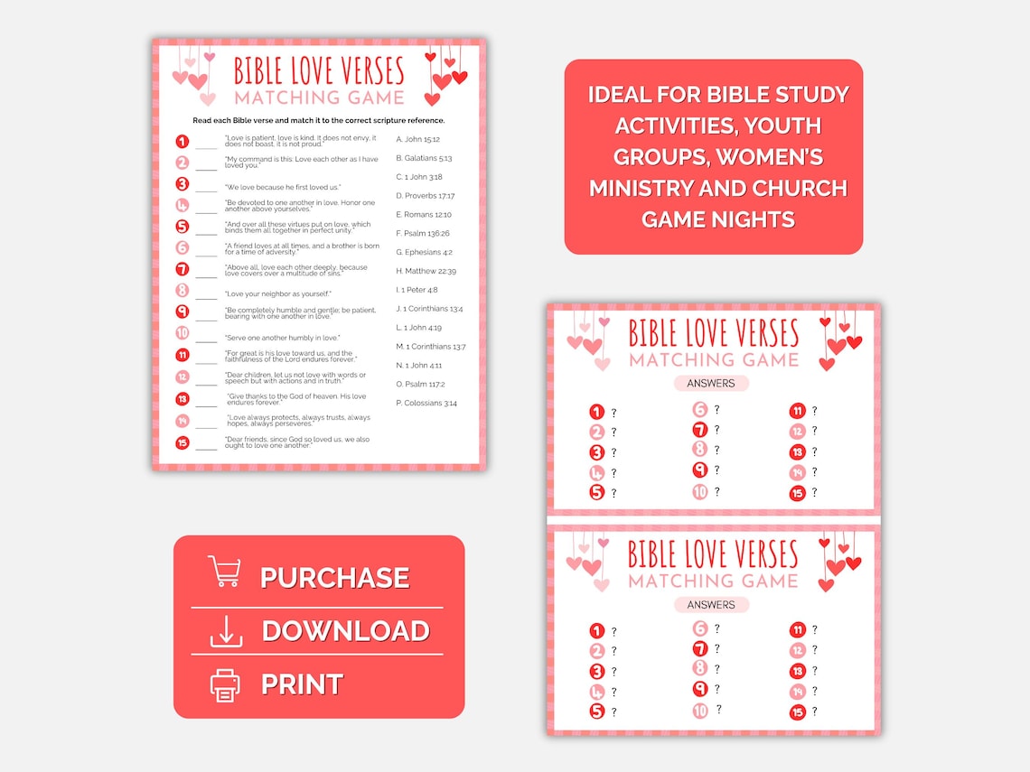 Bible Love Verse Matching Game, Valentines Day Bible Activity ...