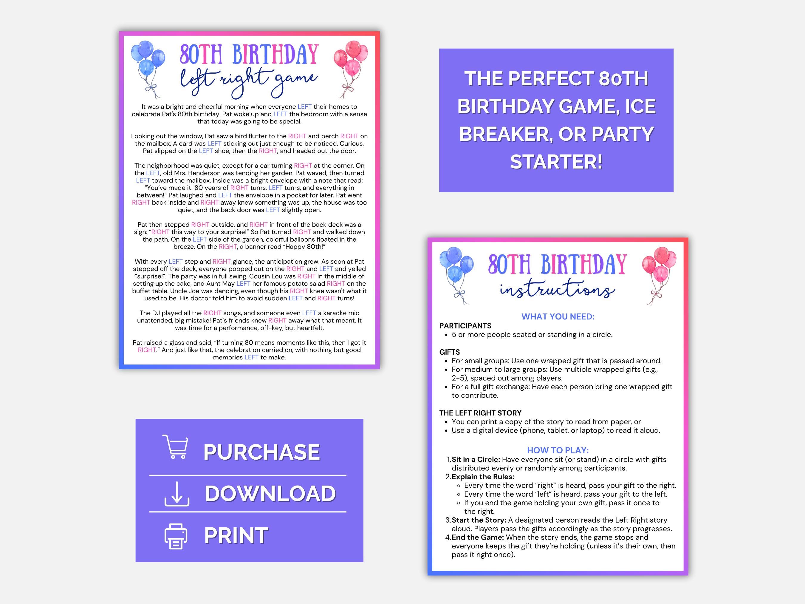 80th Birthday Left Right Game, Left Right Birthday Game, 80th Birthday ...
