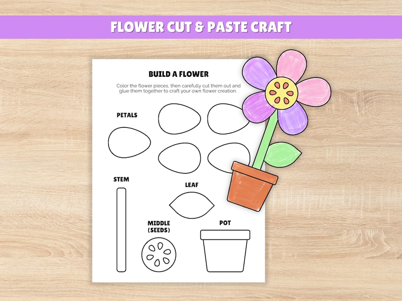 Build A Flower, Cut and Paste Craft, Spring Preschool Printable, Spring ...