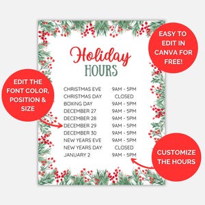Editable Holidays Hours Sign, Christmas Hours, Closed for Holidays ...