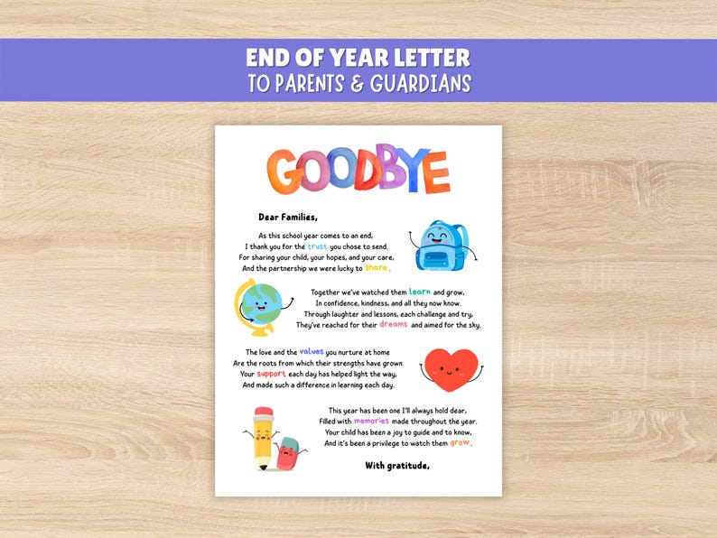 End of Year Letter to Parents, Letter From Teacher, End of School Poem ...