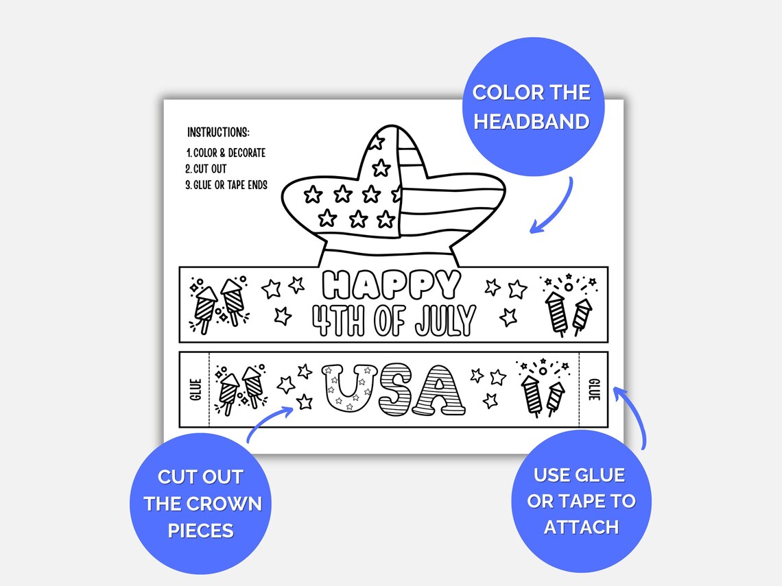 4th of July Crown, Coloring Crown, Fourth of July Hat, 4th of July ...