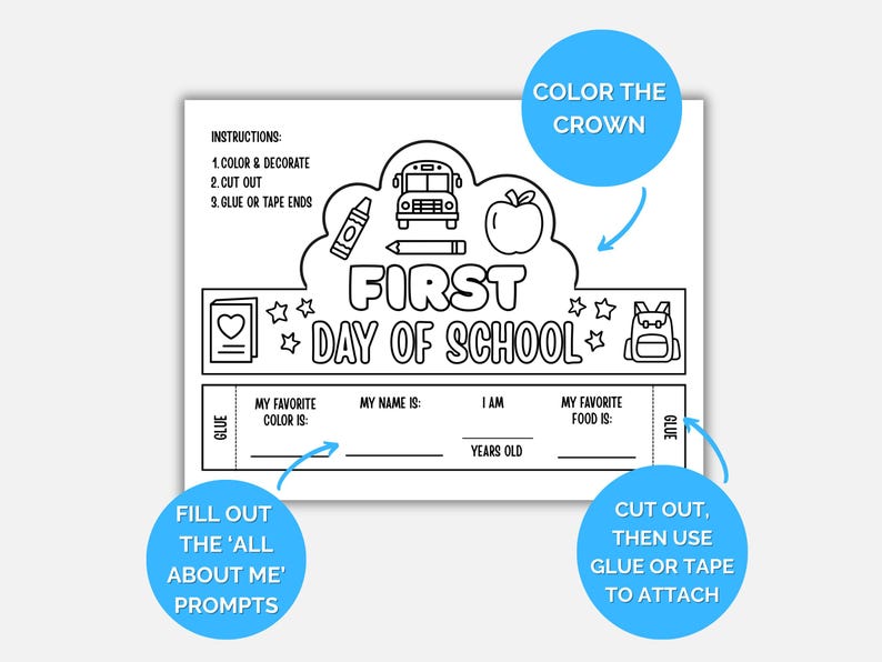First Day of School Crown, Coloring Crown, All About Me, Kids Crown ...