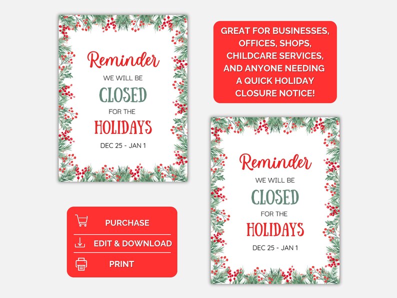 Editable Closed for Holidays Sign, Closed for Christmas Sign, Business ...
