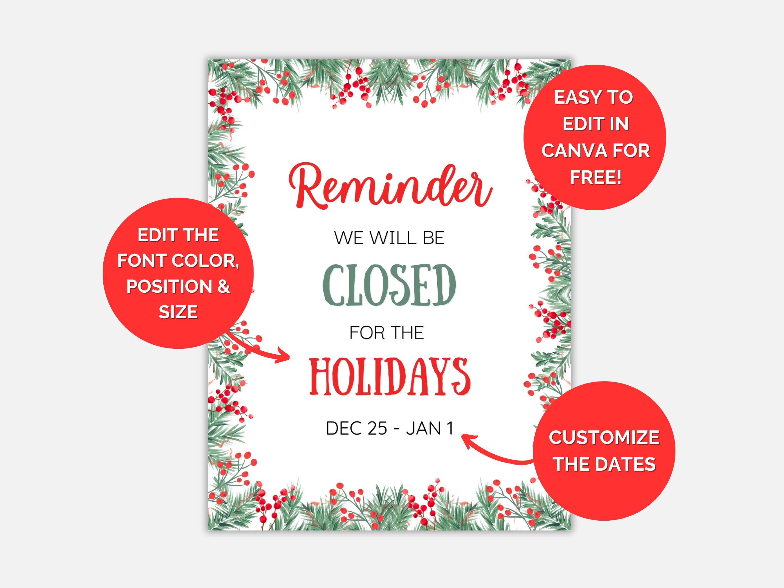 Editable Closed for Holidays Sign, Closed for Christmas Sign, Business ...