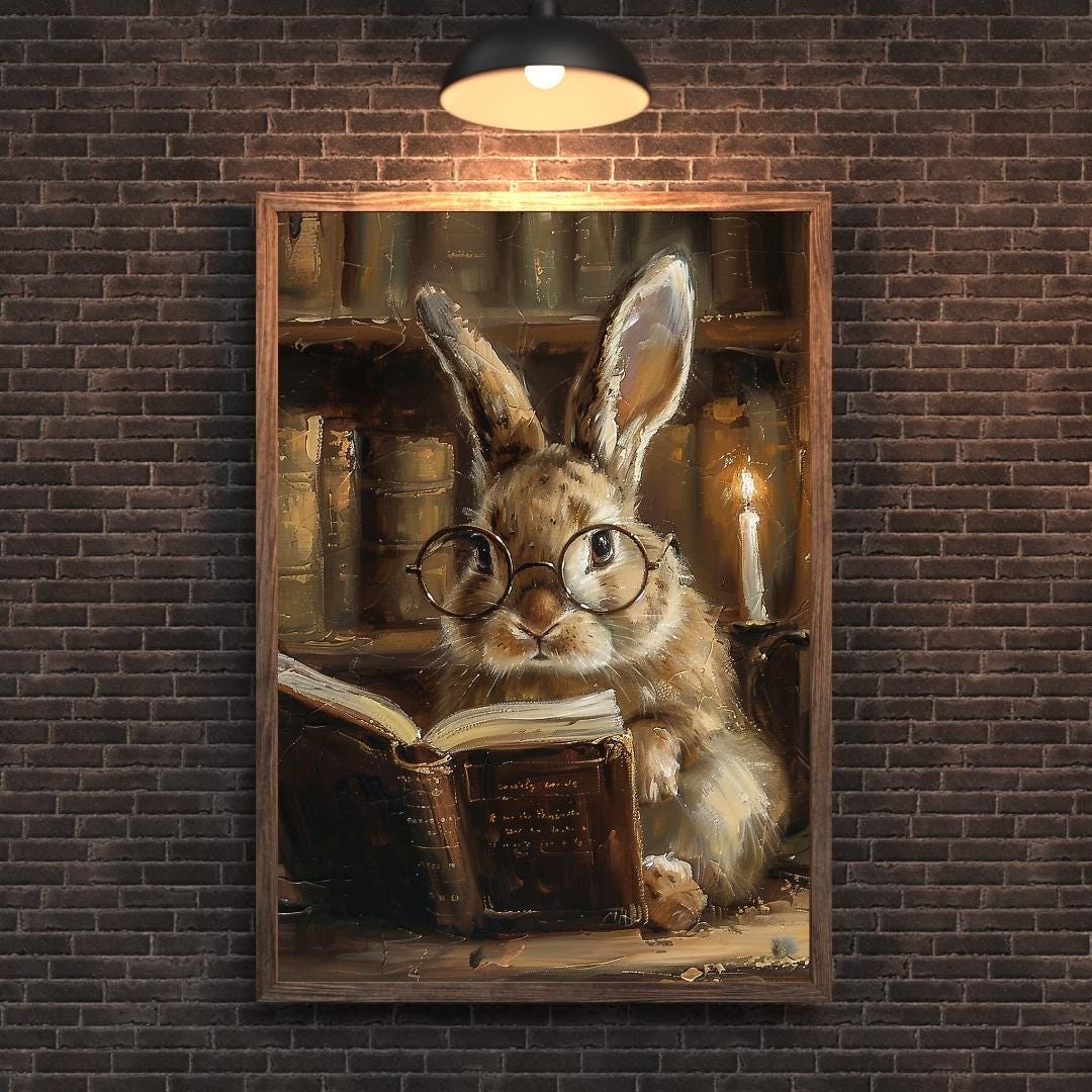 Easter Bunny Reading Book Art Print, Rabbit in Library, Cute Buny Wall ...