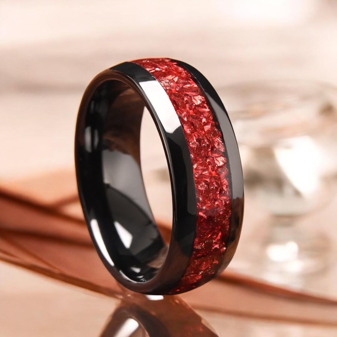 Black Garnet Tungsten Ring | Red Gemstone Inlay | 8MM Men's Wedding ...