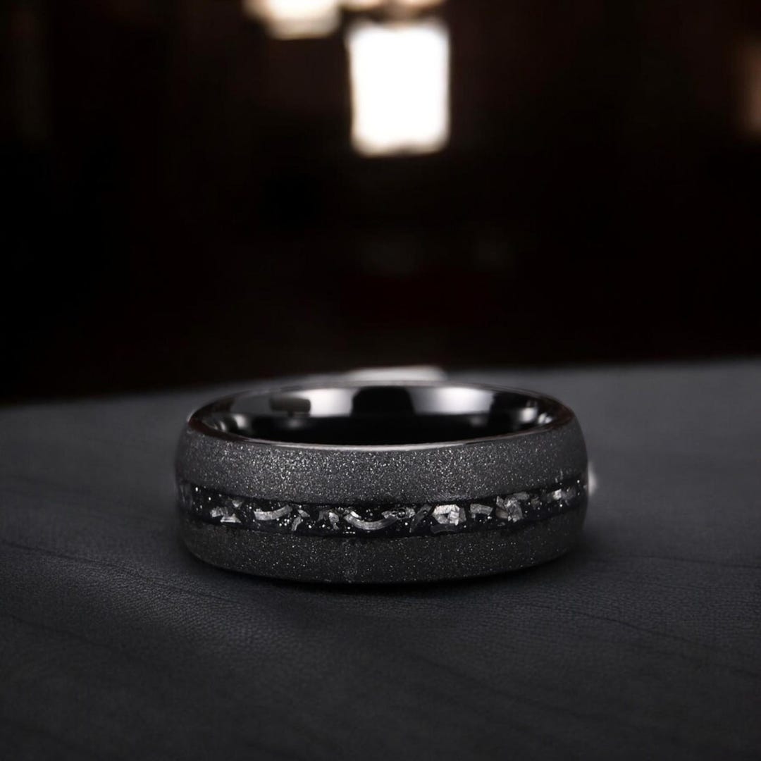 6mm Black Meteorite Sandblasted Wedding Ring | Black Obsidian ...