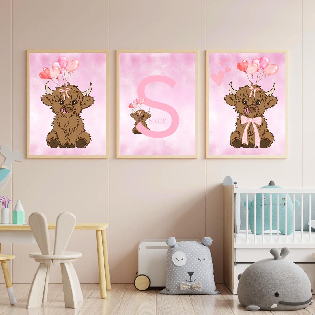Customizable Pink Baby Highland Cow Digital Poster, Fluffy Cow, Nursery ...