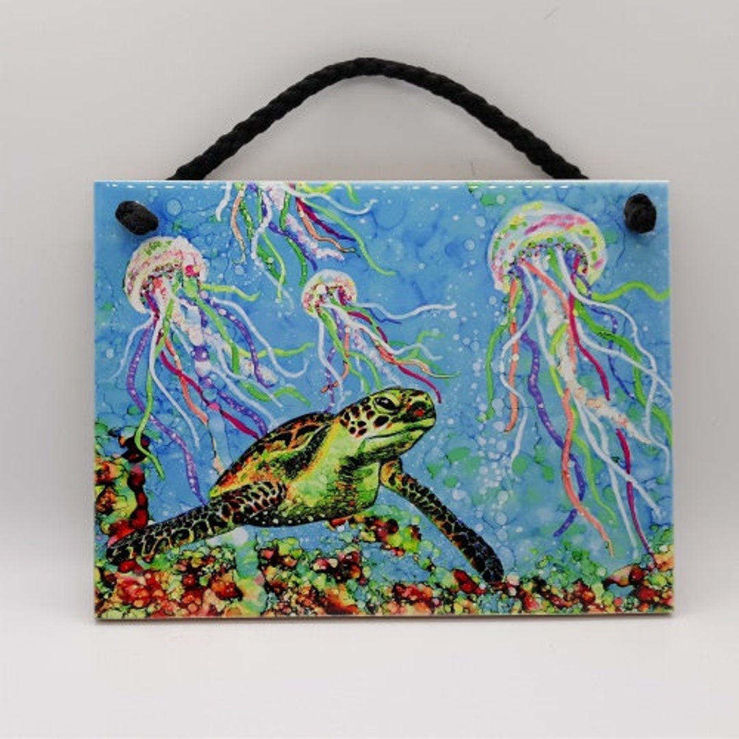 Sea Turtle With Jellyfish Ceramic Tile - Etsy