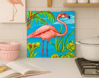 Tropical Flamingo Birds Vintage Handmade Glossy Ceramic Tile to Hang ...