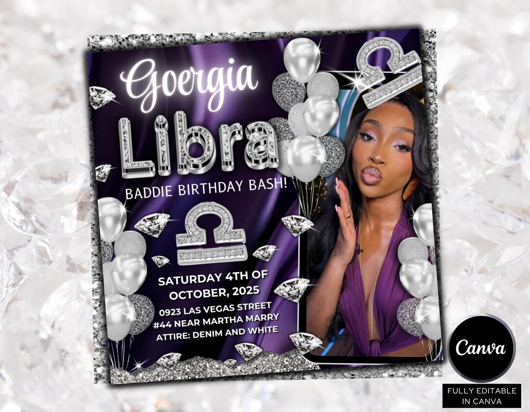 Purple Libra Birthday Flyer, Birthday Season Flyer, Libra Invitation ...