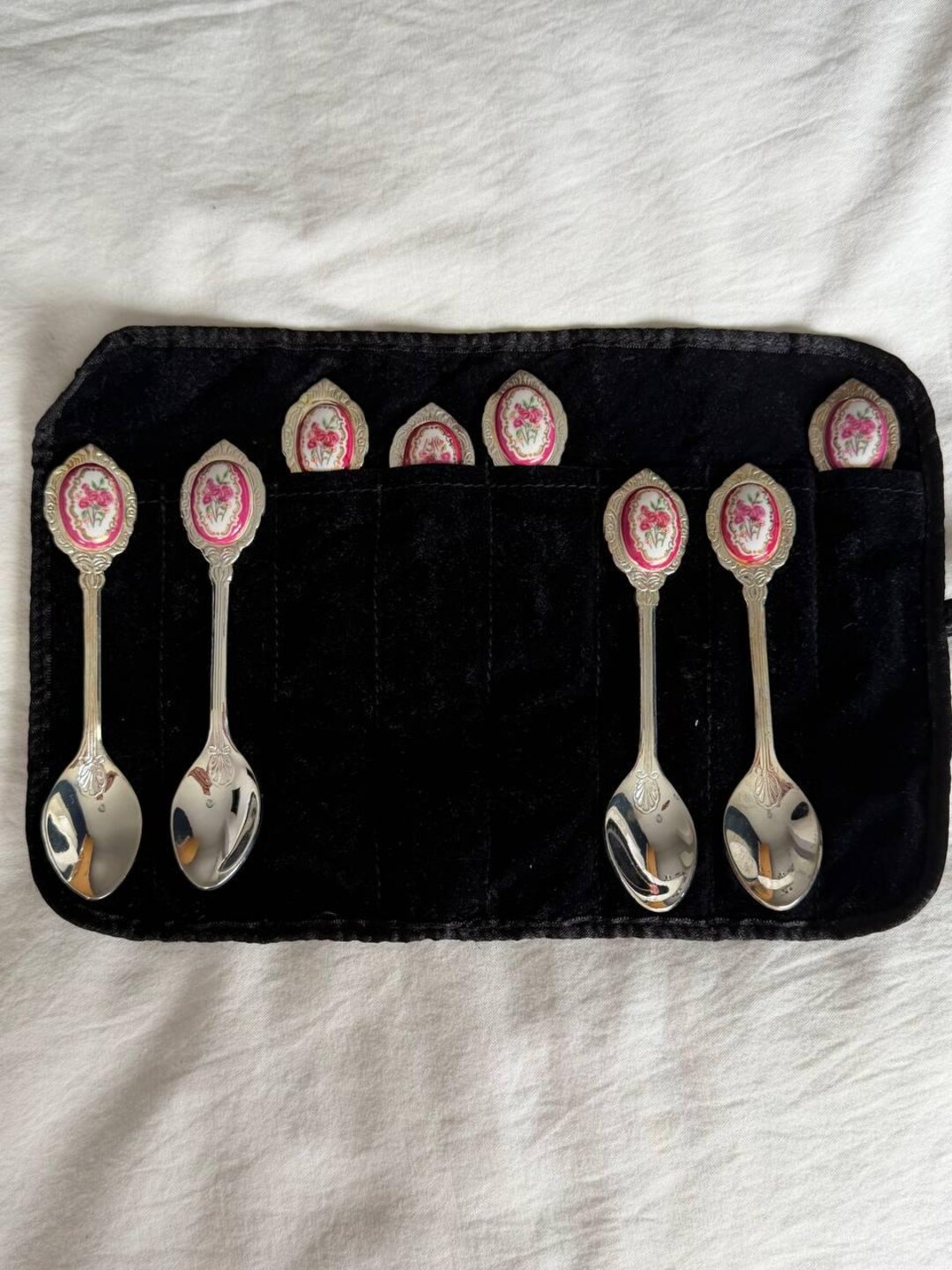 Vintage Enamel Demitasse Spoons Set: Floral Gilt Coffee Spoons in ...
