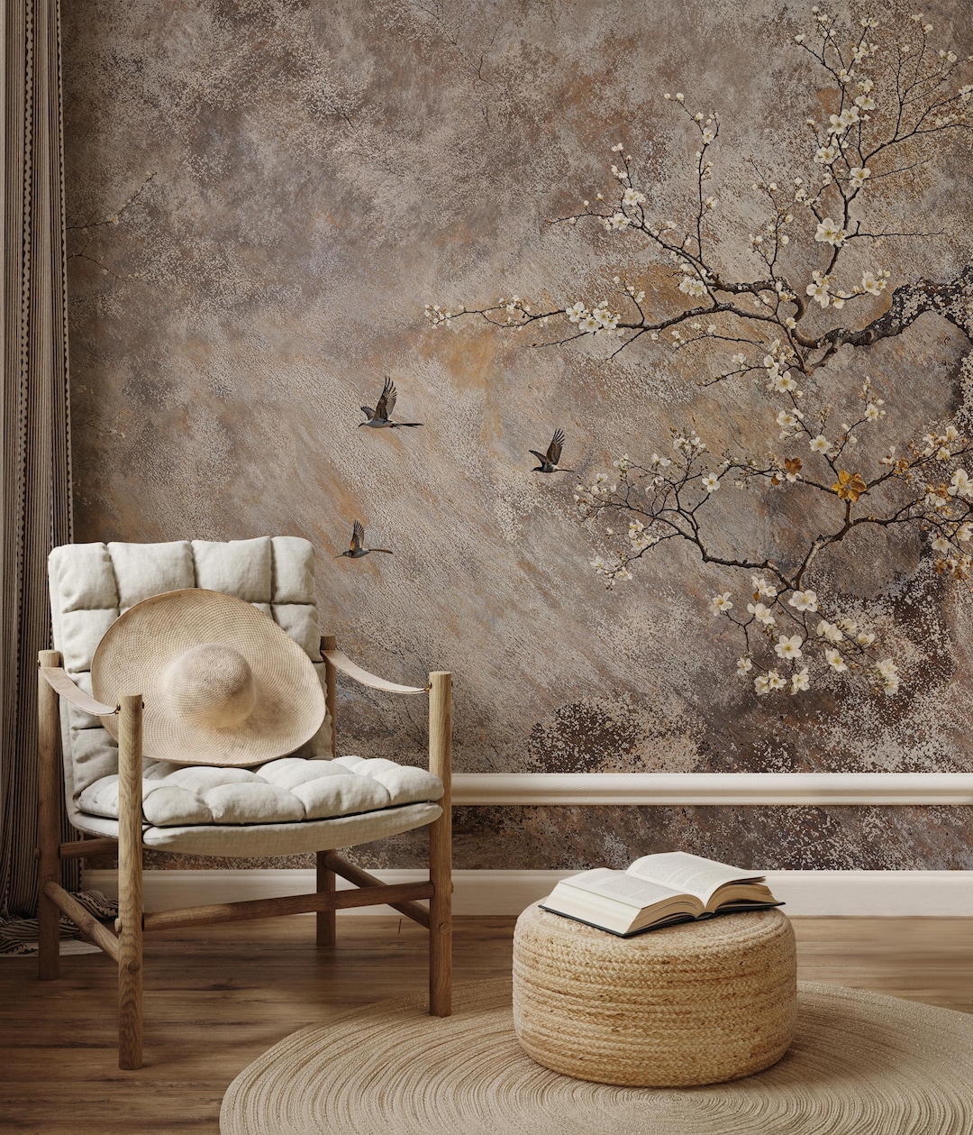 Vintage Luxury Chinoiserie Wallpaper Mural, Beige Floral Chinoiserie ...