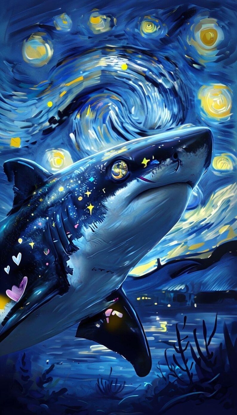 Starry Shark Art Print: Van Gogh Style Ocean Night (digital Download ...