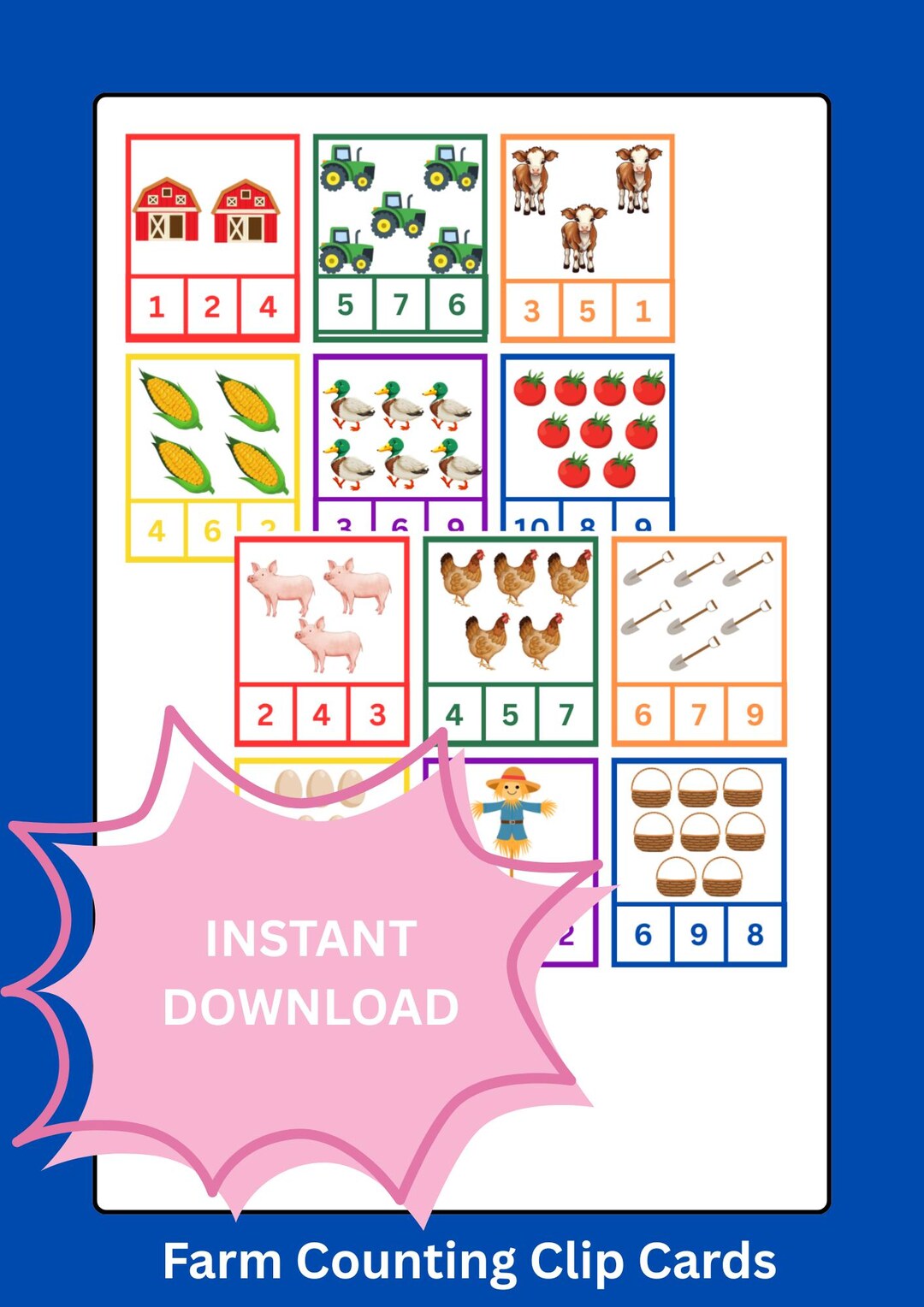 Toddler and Preschool Farm Counting Clip Cards, Toddler and Preschool ...