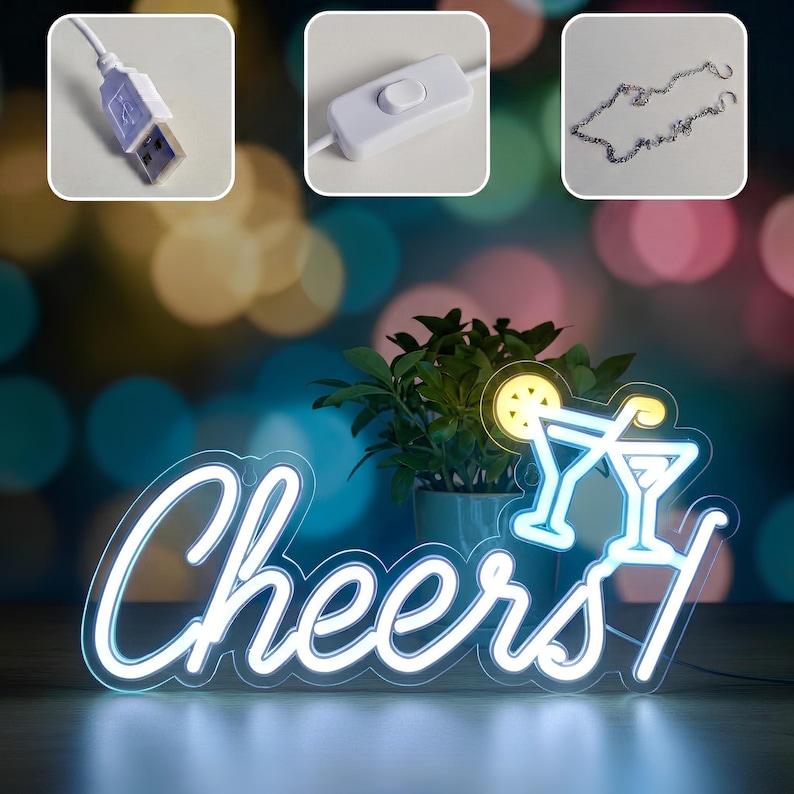 Cheers LED Neon Sign | White Cocktail Bar Light, Man Cave Decor (14x8 ...