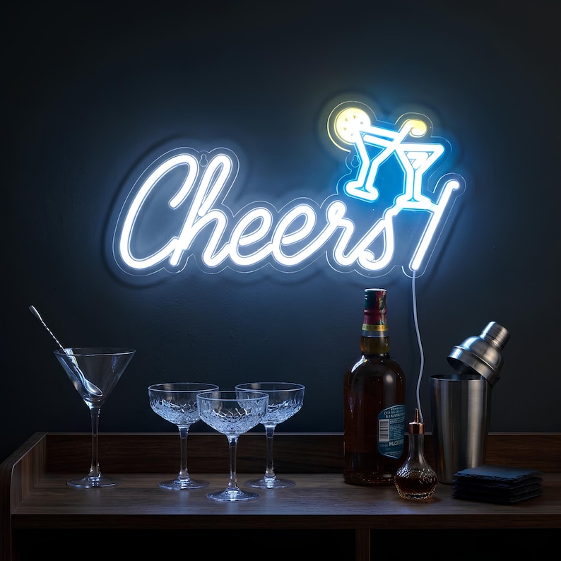 Cheers LED Neon Sign | White Cocktail Bar Light, Man Cave Decor (14x8 ...