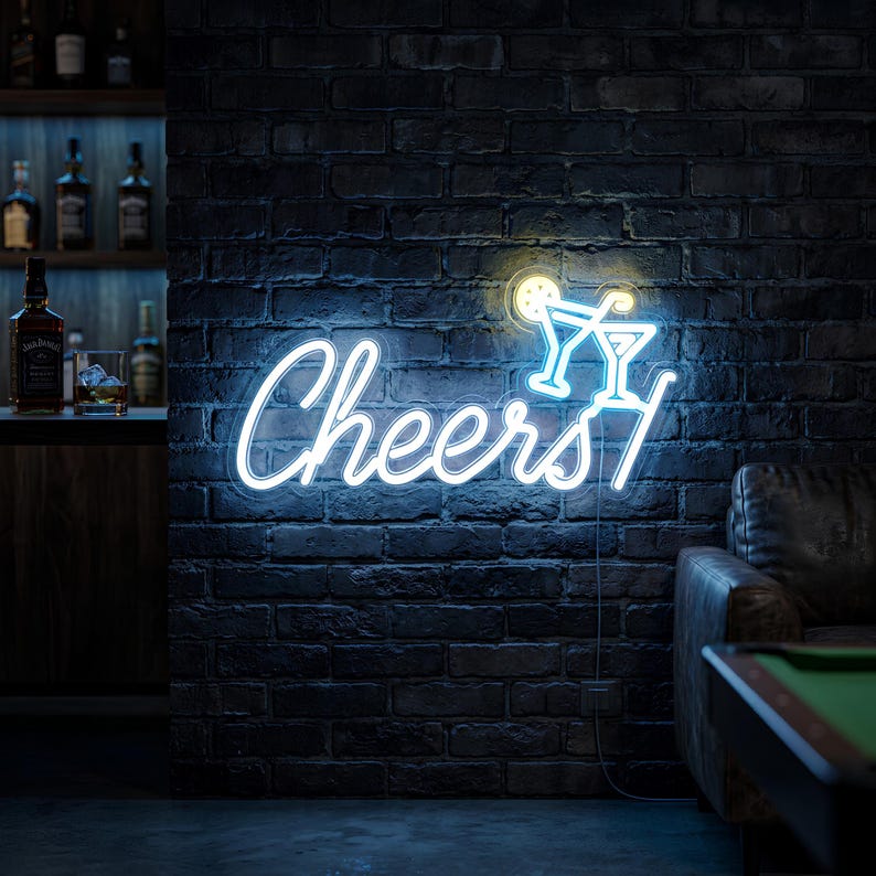 Cheers LED Neon Sign | White Cocktail Bar Light, Man Cave Decor (14x8 ...