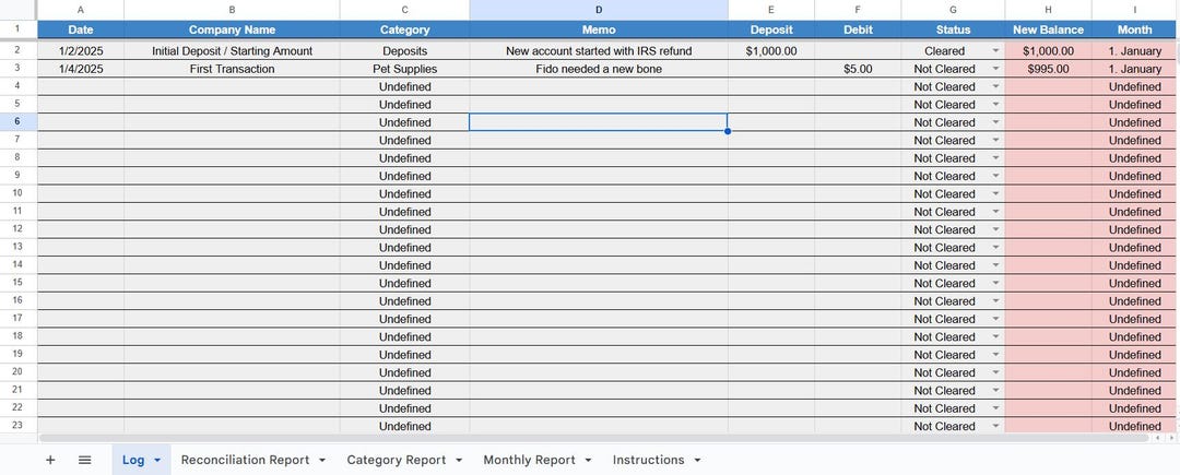 Digital Checkbook Bank Ledger Transaction Log Budget and Reconcile ...
