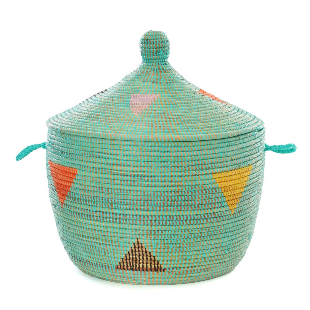 Short Hamper Basket With Pointed Lid | Aqua Triangles | African Baskets ...