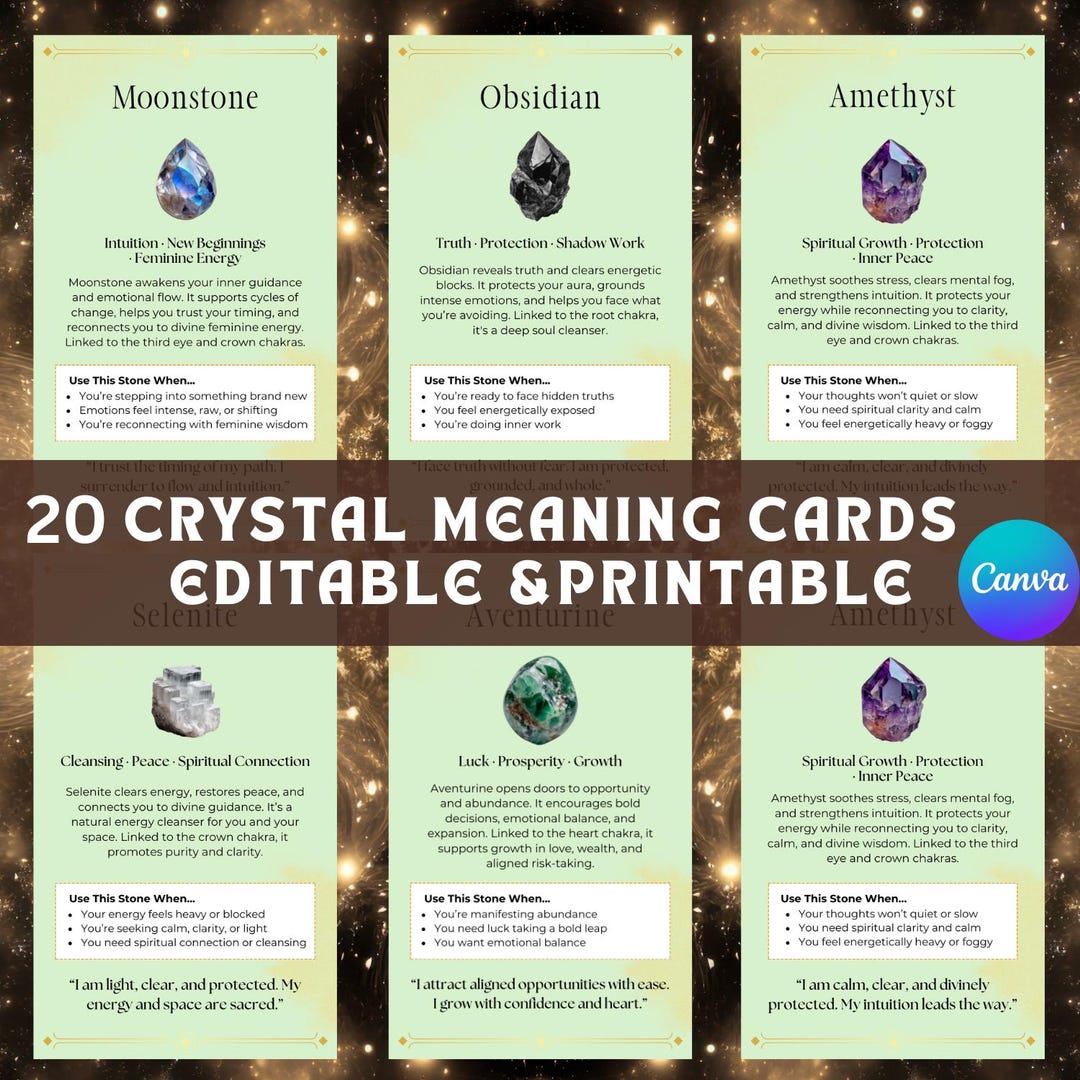 Crystal Meaning Cards Printable , 20 Digital Cards, 3x5” Chakra ...