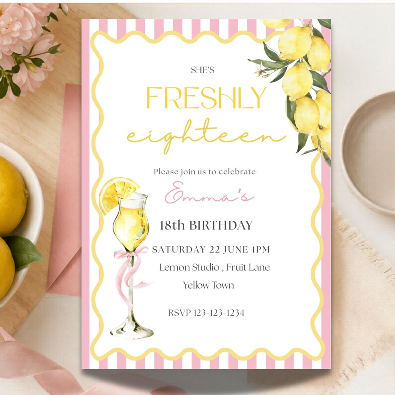 Lemon 18th Birthday Invitation, Pink Lemonade Party Invite, Editable ...