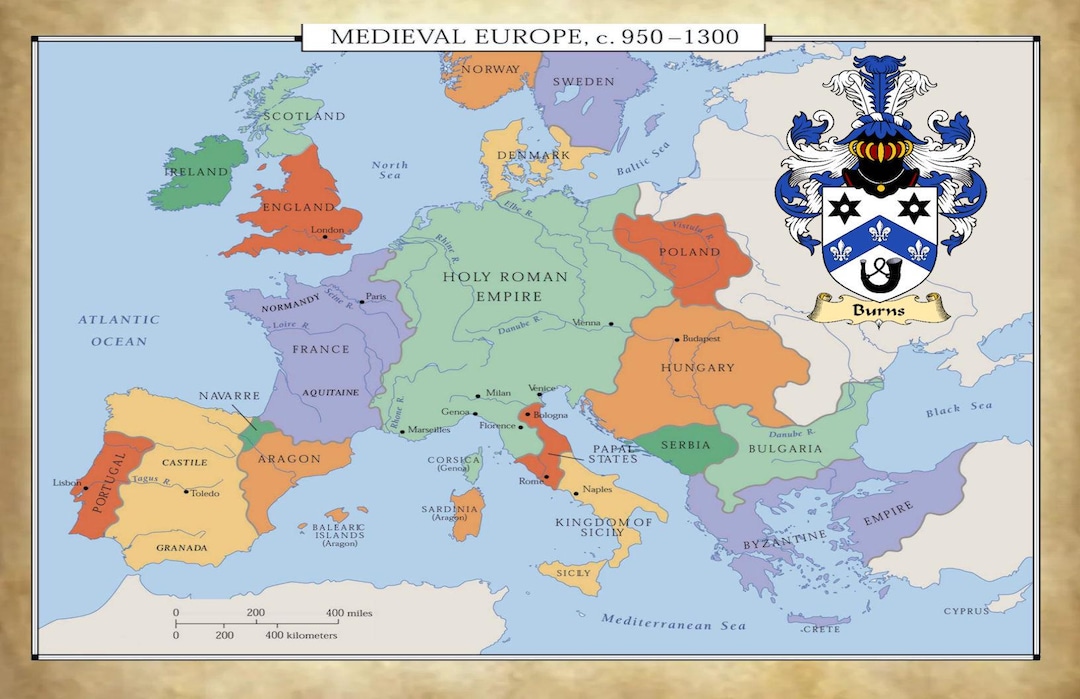 Personalized Medieval Europe Map With Family Coat of Arms (digital ...