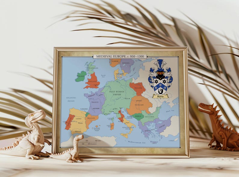Personalized Medieval Europe Map With Family Coat of Arms (digital ...
