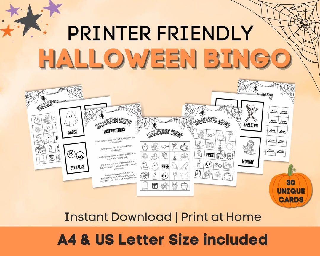 Halloween Bingo Printable Game – 30 Unique Cards, Kids and Adults Party ...