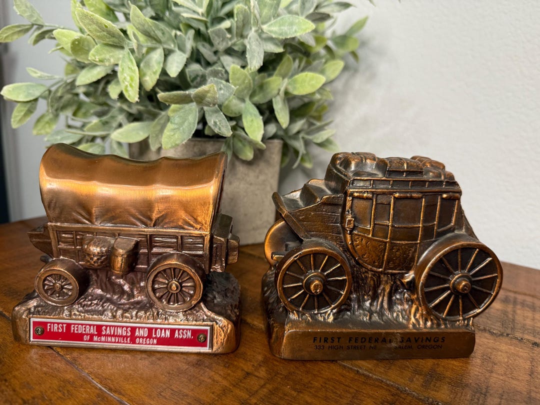 Vintage Brass Stagecoach & Covered Wagon Piggy Bank - Mid-century ...